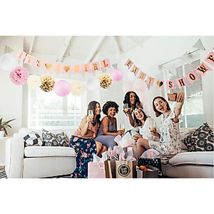 Sweet Baby Co. Pink Baby Shower Decorations for Girl with Its A Girl Banner, Baby Girl Letter Balloons, Flower Pom Poms, Paper Lanterns, Tassels (Rose Gold, Pink, Ivory, White Sprinkle Set)