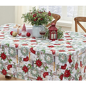 Newbridge Merry Christmas Stocking Holiday Vinyl Flannel Backed Tablecloth - Noel Christmas Wreath, Festive Seasons Greetings Print Wipe Clean Easy Care Xmas Tablecloth, 60” x 102” Oblong/Rectangle