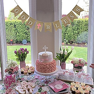 Uniwish God Bless Banner Baptism Decorations for Girls, Vintage Rustic Burlap Bunting Garland Christening Communion Party Supplies with Pink Cross