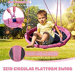 JYGOPLA 440lbs 2 Play Stations Swing Sets for Backyard, 1 Saucer Tree Swing 32 inch, 1 Belt Swings, Heavy Duty Metal Swing Stand with Anchors(Pink+Blue)
