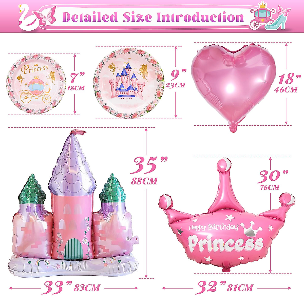 Party Spot! 208 PCS Princess Birthday Party Decorations For Girl, 12 Tableware Sets, Castle Balloons, Balloon Arch, Disposable Paper Plates, Backdrop, Balloon Pump, Princess Party Decorations