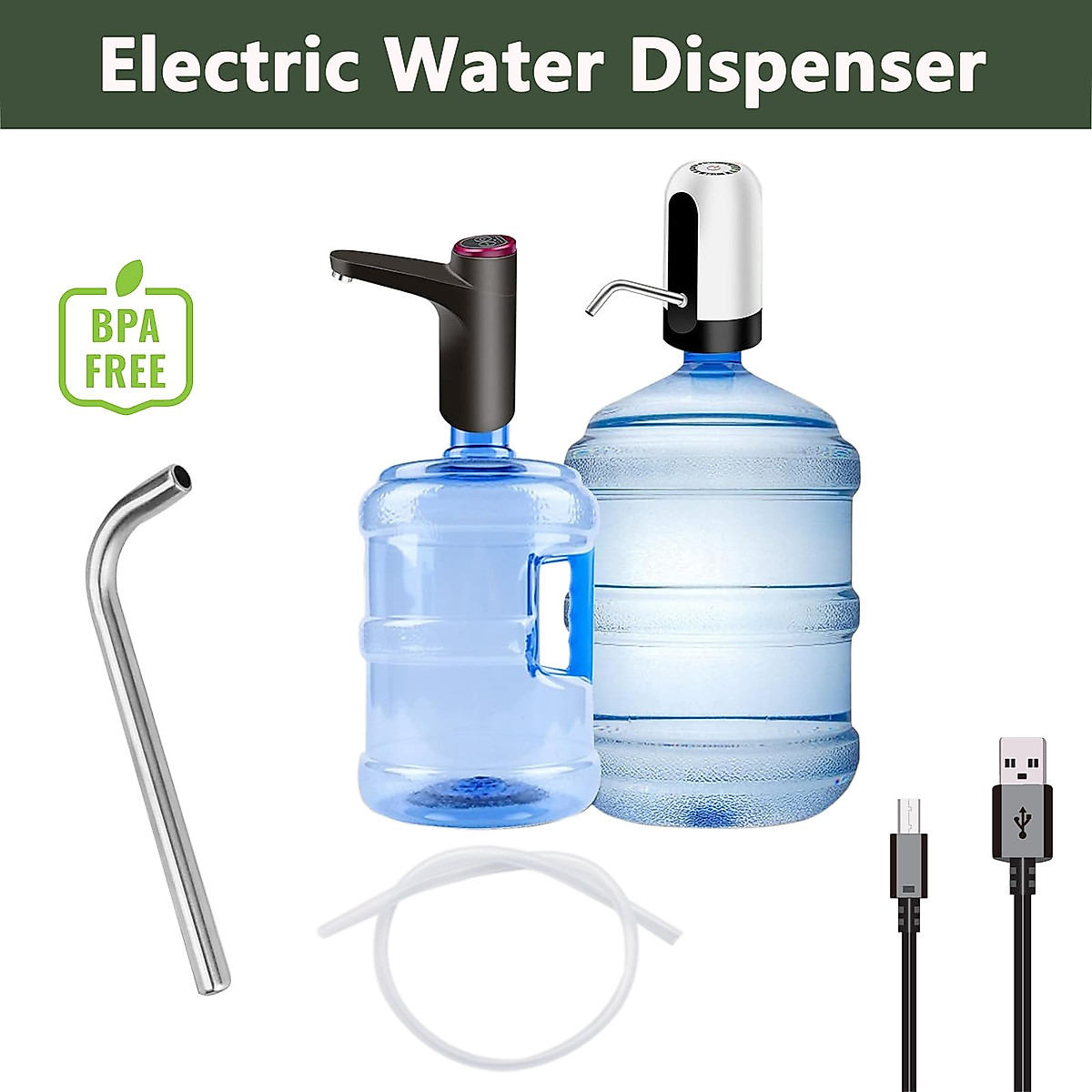 Ausxaron Water Dispenser for 5 Gallon Bottle, 2 Pack Portable Water Jug Dispenser, USB Charging Water Dispenser Pump, 5 Gallon Water Jug Pump for Home Kitchen Office - White and Black