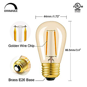 Hizashi 15 Pack S14 Replacement Light Bulbs, 2W=25 Watt Outdoor Edison Bulbs Dimmable E26 Base, Amber 2200K S14 LED Bulbs, Outdoor String Lights Bulbs Replacement, Shatterproof Waterproof, UL Listed