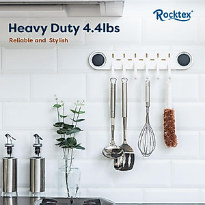 Rocktex No-Drill Hooks - White Self Adhesive Wall Hanging Hooks, Heavy Duty 4.4 lbs, Easy Installation, Versatile Vertical or Horizontal Options with 6 Adjustable Hooks for Wall, Bathroom, Kitchen