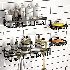 RISETEX Adhesive Shower Caddy,Bathroom Shower Organizer and Soap Dishes with Hooks,No Drilling Traceless Rustproof Bathroom Storage Wall Shower Organizer for Bathroom Toilet Kitchen RVs (Black 4)