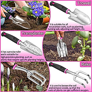 THINKWORK Pink Garden Tools, Gardening Gifts for Women, with 2 in 1 Detachable Storage Bag, Trowel, Transplanter, Rake, Weeder, Cultivator, Purning Shears and 3 Additional Protection Tools