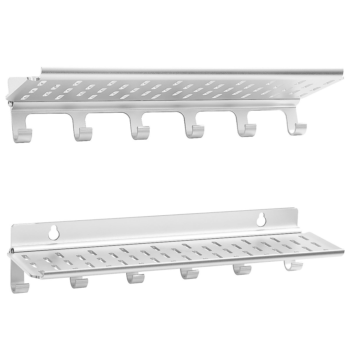 AOQIYU Floating Shelf with Hooks, Portable Storage Shelves for Bathroom, Kitchen, Living Room & Bedroom, Adhesive Small Wall Shelves, Bathroom Shower Organizer(Silver, W4.3xL13)