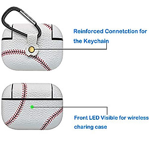 Tekcoo AirPods Pro Case, [Front LED Visible] AirPods Accessories Cover Compatible with Apple Airpods Pro 2019 Protective PC Plastic Inner + PU Vegan Leather Pattern Skin & Keychain [Baseball]
