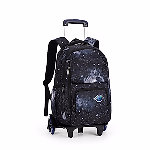 GLOOMALL Starry Sky Kids Trolley Rolling Backpack Primary School Bookbag with Wheels Travel Luggage (Black White Starry Sky)