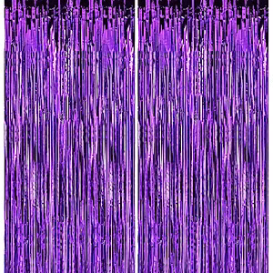 2 Pack 3.2 ft x 9.8 ft Purple Tinsel Curtain Party Backdrop Decorations, Metallic Foil Fringe Backdrop Door for Halloween, Christmas, Birthday Graduat