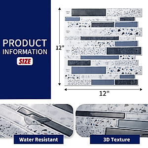 Art3dwallpanels 10-Sheet Peel and Stick Backsplash Tile Stickers, Stick on Backsplash for Kitchen Stone Design 12"x12" Blue