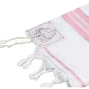 Zion Judaica Pink and Silver Stripped Tallit Prayer Shawl Pink Imprinted Zippered Talis Bag Tied Kosher Tzitzit Tallis Gadol 18" x 72" Bat Mitzvah Girl Torah Reading Talith Scarf Jewish Four Corners