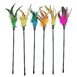 IUHKBH Cat Wand Toys, 6 PCS Interactive Cat Teaser Wand Cat Feather Toys with Loud Bell for Cat and Kitten