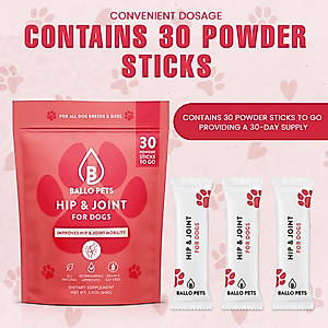 Ballo Pets Hip & Joint for Dogs - Joint Supplement for Dogs - Pain and Inflammation Relief with Glucosamine, Chondroitin, MSM, Turmeric, Vitamin C - 30 Powder Sticks to go, Red