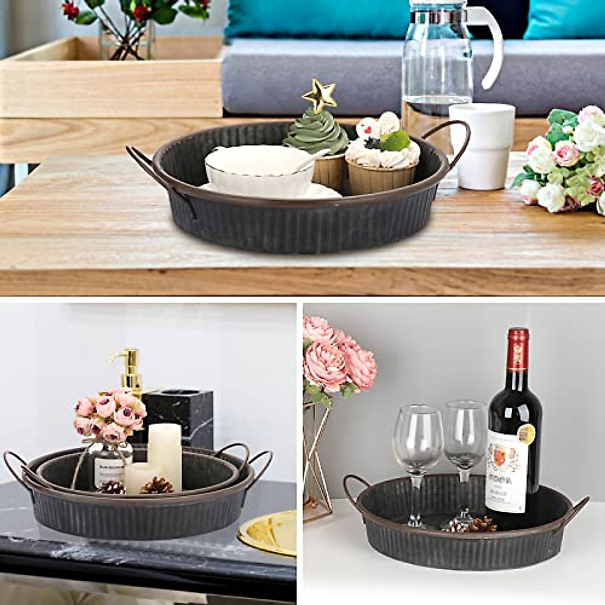 Hipiwe Galvanized Metal Iron Tray with Handles Farmhouse Rustic Decorative Tray Industrial Style Serving Tray Round Galvanized Tray for Coffee Table, Home Decor (Set of 2)