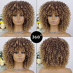 AISI QUEENS Afro Wigs For Black Women Short Kinky Curly Brown Mixed Blonde Synthetic Wig with Bangs Heat Resistant Wigs With Wig Cap