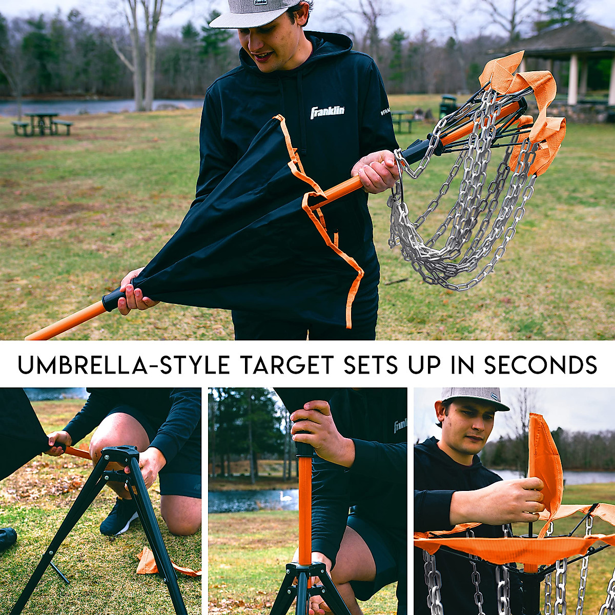 Franklin Sports Disc Golf Basket + Discs Set - Portable Disc Golf Target Basket with Chains - 3 Discs Included - Driver, Mid-Range + Putter - Steel Chains