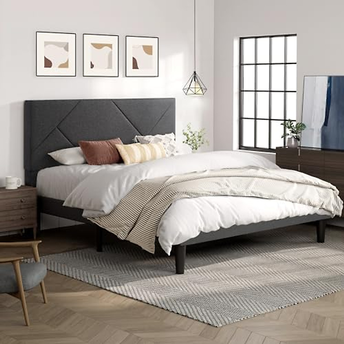 Allewie Queen Size Upholstered Bed Frame with Geometric Headboard, Heavy-Duty Platform Bed, No Box Spring Needed, Dark Grey