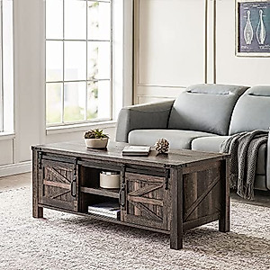 OKD 48-Inch Coffee Table Wood Cocktail Table Farmhouse Modern Center Rectangular Tables, with Sliding Barn Doors and Storage Cabinets Shelves, for Living Meeting Room, Dark Rustic Oak