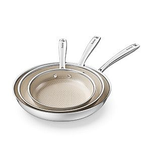 Redchef Non Stick Frying Pans, Hybrid Frying Pans Nonstick, Ceramic Stainless Steel Pan, Non Toxic, PFAS PFOA & PTFE Free, Dishwasher/Oven Safe Cookware, Induction Compatible, 3 Pcs (8, 10, 12 Inch)