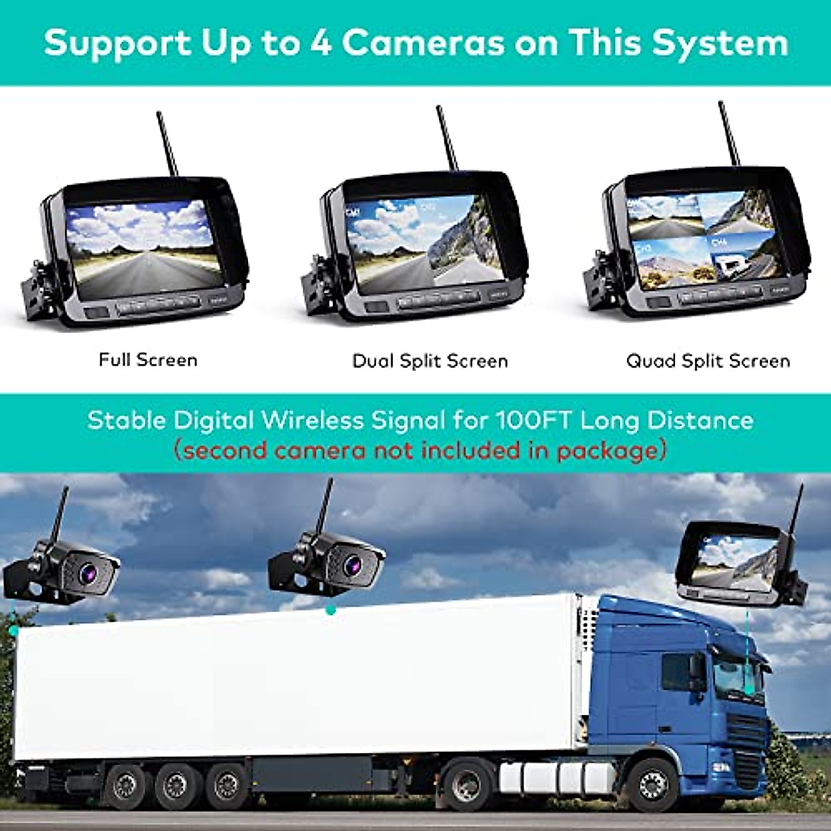 Nuoenx Wireless Backup Camera, 7 Inch DVR Monitor Rear View Camera System with 32GB SD Card for RV, Trailer, Truck, Support 4 Cameras, IP69K Waterproof 18 LED IR Night Vision 152° View Camera