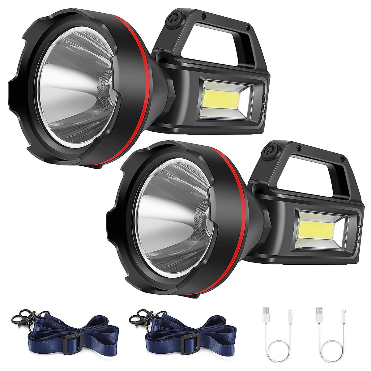 Rechargeable Spotlight Flashlight, High Lumens Handheld Spotlight,LED Searchlight with Shoulder Strap and USB Output for During Hurricane,Emergency, Storms,Hunting , Hiking, Camping(Black Pack of 2)