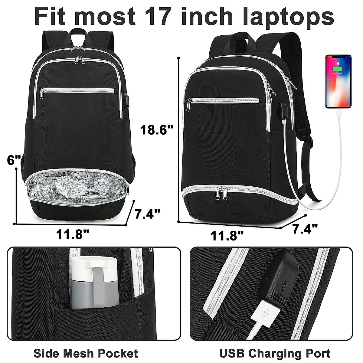 Laptop Backpack for Men Women Insulated Cooler Lunch Backpack 15.6 Work Computer Backpack with USB Port College Teacher(Black)
