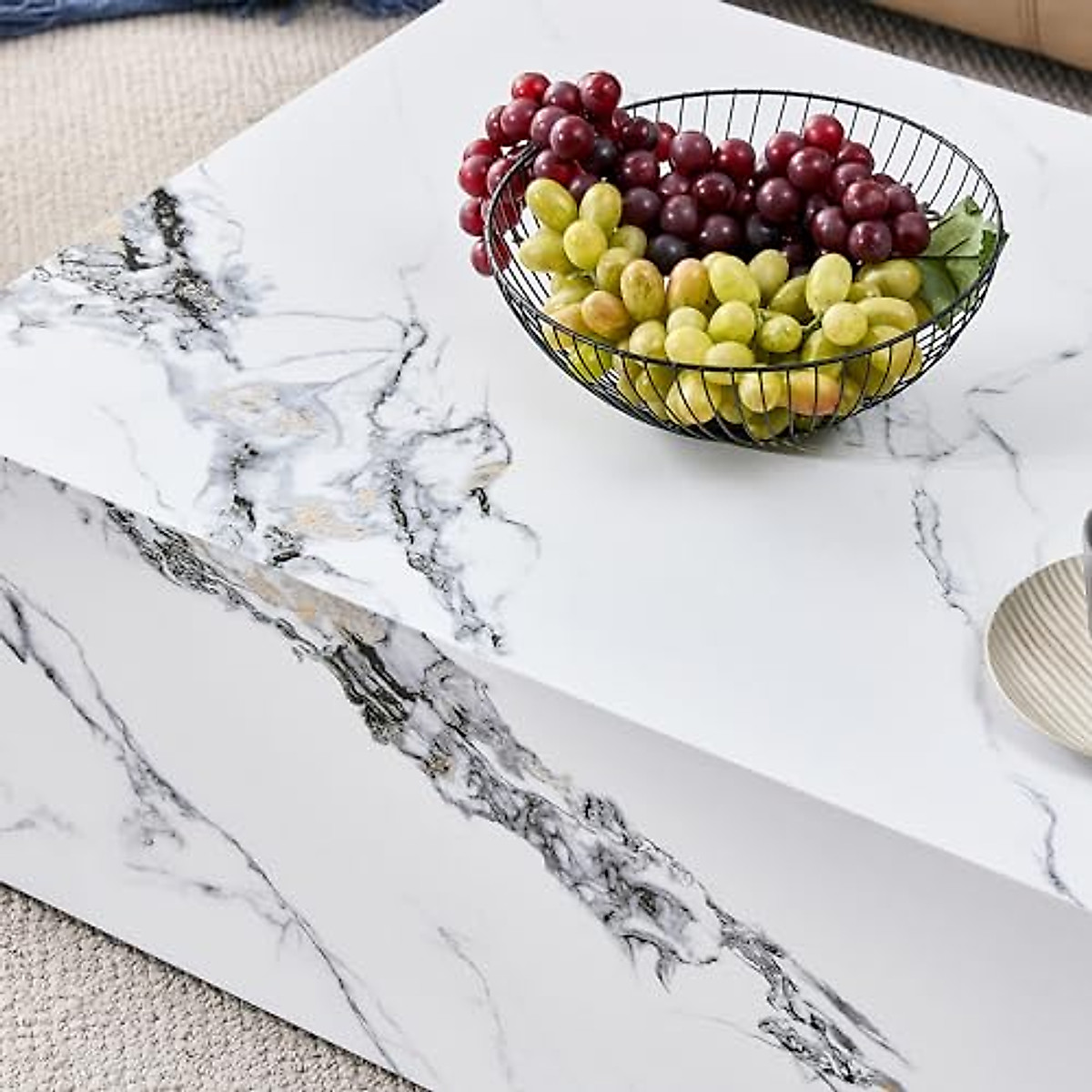Maotifeys White Marble Coffee Table for Living Room Rectangular Faux Marble Center Table Modern Elegant Wooden Cocktail Table for Home Office -Fully Assembled
