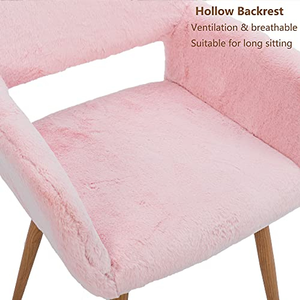 Faux Fur Chair for Bedroom Mid Century Modern Desk Living Room Chairs with Armrest, Sherpa Accent Dining Chair, Comfy Armchair with Metal Legs, Home Girls Vanity Makeup Study Office Desk Chair (Pink)