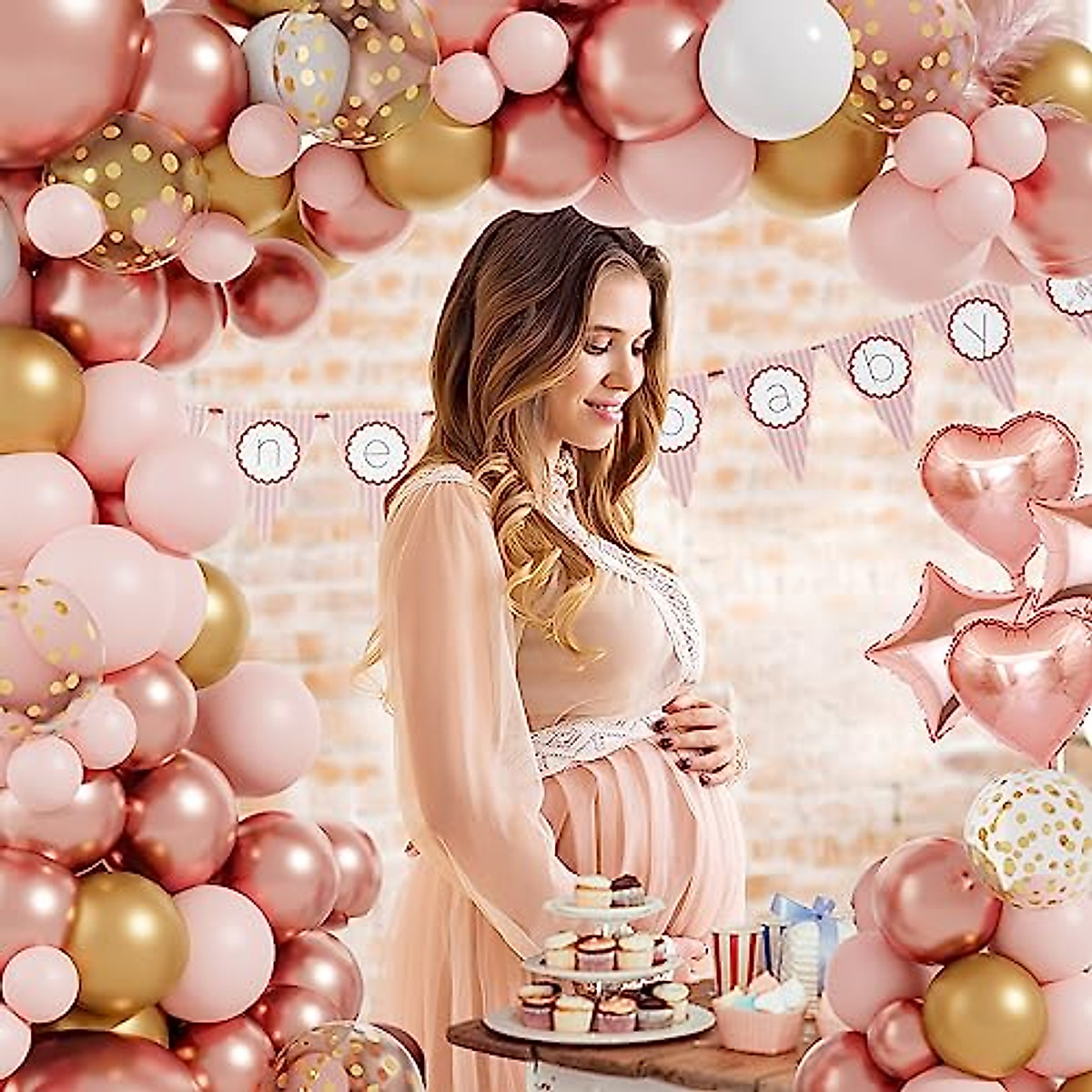 149Pcs Rose Gold Balloons Arch Kit, Pink Rose Gold White Cardioid Pentagram Flag Banner Balloon Garland for Women Girls Birthday Wedding Graduation Baby Shower Bridal Bachelorette Mother's Valentine's Day Party Decorations