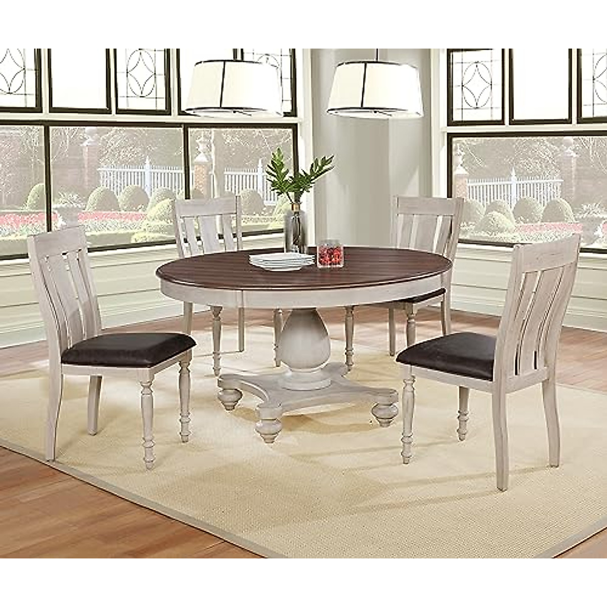Roundhill Furniture Arch Solid Wood Dining Set: Round Table, Four Chairs, Distressed White and Dark Oak