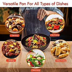 Carbon Steel Wok with Lid and Wooden Spatula, 12.5 Inch Flat Bottom Wok Pan for Gas, Electric, and Induction Stoves, Heat-Resistant Handle and Glass Lid with Stand, Versatile Stir Fry Pan