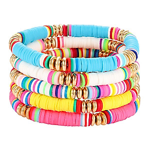 NVENF Heishi Bracelets Rainbow Vinyl Disc Bead Stretch Bracelets for Women Bohemia Stackable Surfer Bracelets for Girls Summer Beach Vacation Accessory (Style A)