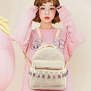 Meyaus Women Small Tassels Pearl Zipper Straw Woven Backpack Daypack Convertible Cross-body Shoulder Bag