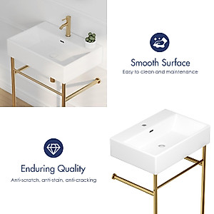 Eridanus 24"x16" Console Bathroom Sink, Free Standing 30 Inch Chrome Steel Support Pedestal Legs, Wall Mount White Vessel Ceramic Vanity Basin Modern Rectangular Sinks Porcelain, Brushed Gold