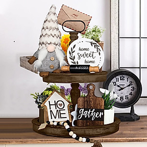 6 Pieces Farmhouse Tiered Tray Decor Items Gnomes Plush Home Sweet Home Decor Mini Signs Rolling Pin Wood Beads Garland Tiered Tray Decorations Set for Spring Summer Home Kitchen Shelf