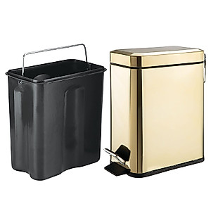 mDesign Small Modern 1.3 Gallon Rectangle Metal Lidded Step Trash Can, Compact Garbage Bin with Removable Liner Bucket and Handle for Bathroom, Kitchen, Craft Room, Office, Garage - Soft Brass