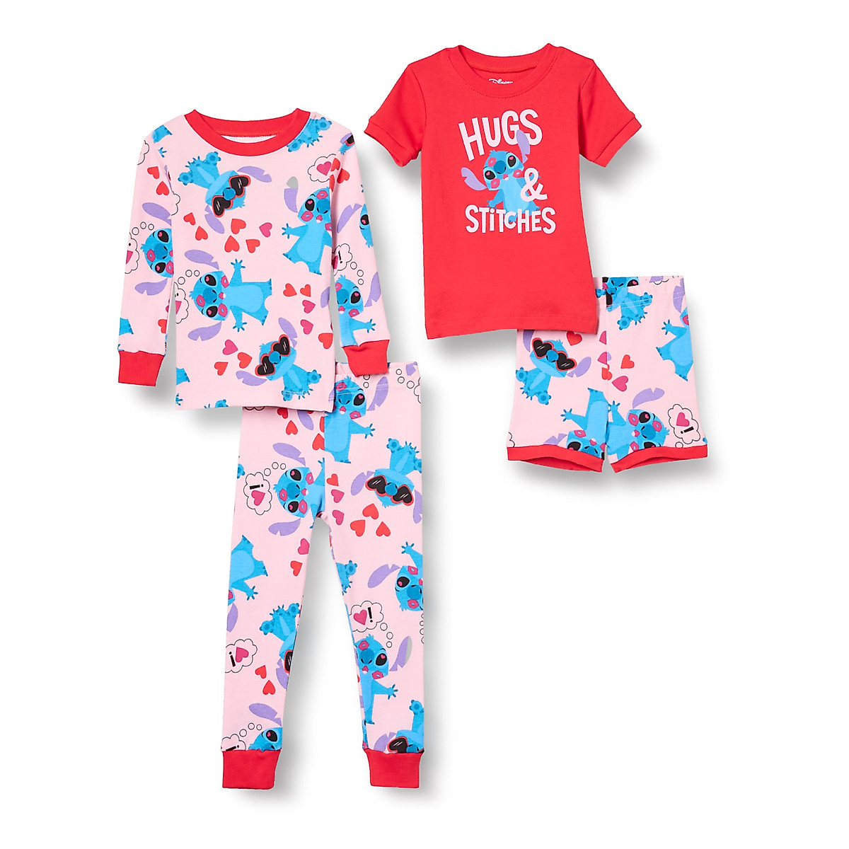 Amazon Essentials Disney | Marvel | Star Wars Girls' Pajama Set, 4-piece (Previously Spotted Zebra), Stitch Hugs, 8