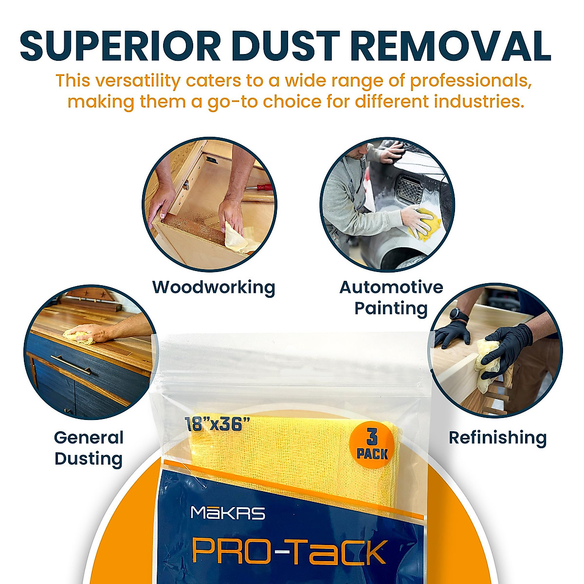 MāKRS - Pro-Tack Tack Cloth, (Pack of 3) Tack Rags, Tack Cloths for Removing Dust and Particles, Tack Cloth Woodworking, Painting, and Varnishing, Wax and Silicone Free, Anti-Static, 18" x 36"