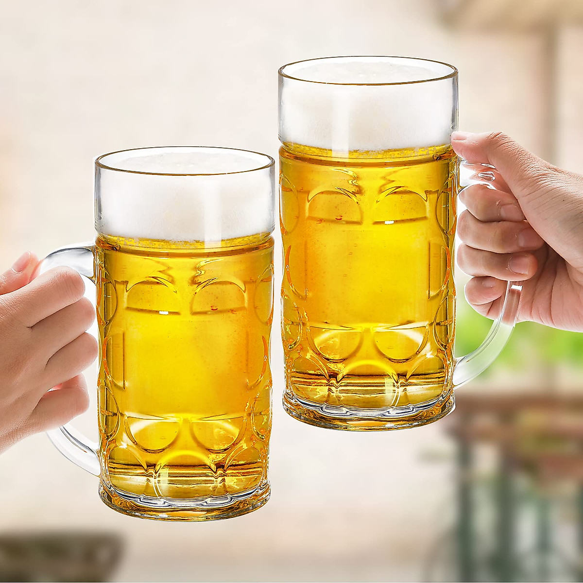 Mezchi 6 Pack Plastic Beer Mugs, 20 oz./600ml Beer Steins with Handles, Resuable Beer Drinking Cups, Clear Large Beer Mugs for Bar, Beverages, Alcohol, Freezable, BPA Free
