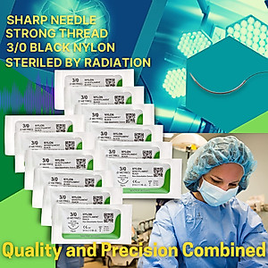 3-0 Sterile Sutures Thread with Needle (Black Monofilament) - Medical and Nursing Student's Surgical Practice Suture Kit, Training with Stitching Pad, First Aid Field Emergency Demo, Vet Use