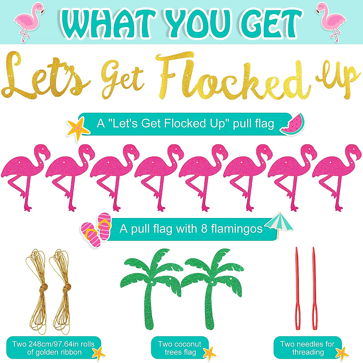 Flamingo Party Banner Decorations Gold Glitter Let's Get Flocked up Banner Hawaii Luau Beach Party Banner for Birthday Wedding Party Decoration