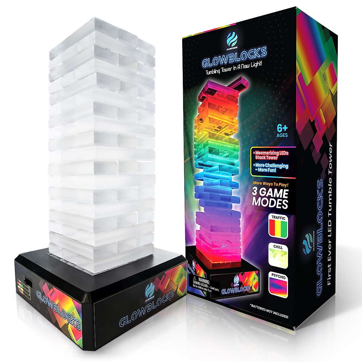Glowblocks Light-Up Tumbling Tower Game, First Ever LED Building Blocks Stacking Game, Indoor Board Game for Kids and Adults for Family Game Night