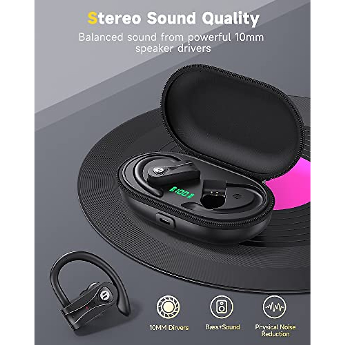 Anypub Wireless Earbuds 4 Mic Clear Call Bluetooth Headphones with Wireless Charging Case 60H Playback Over Ear Earphones Bass Stereo in Ear Buds LED Display Waterproof Earhooks for Sport Running