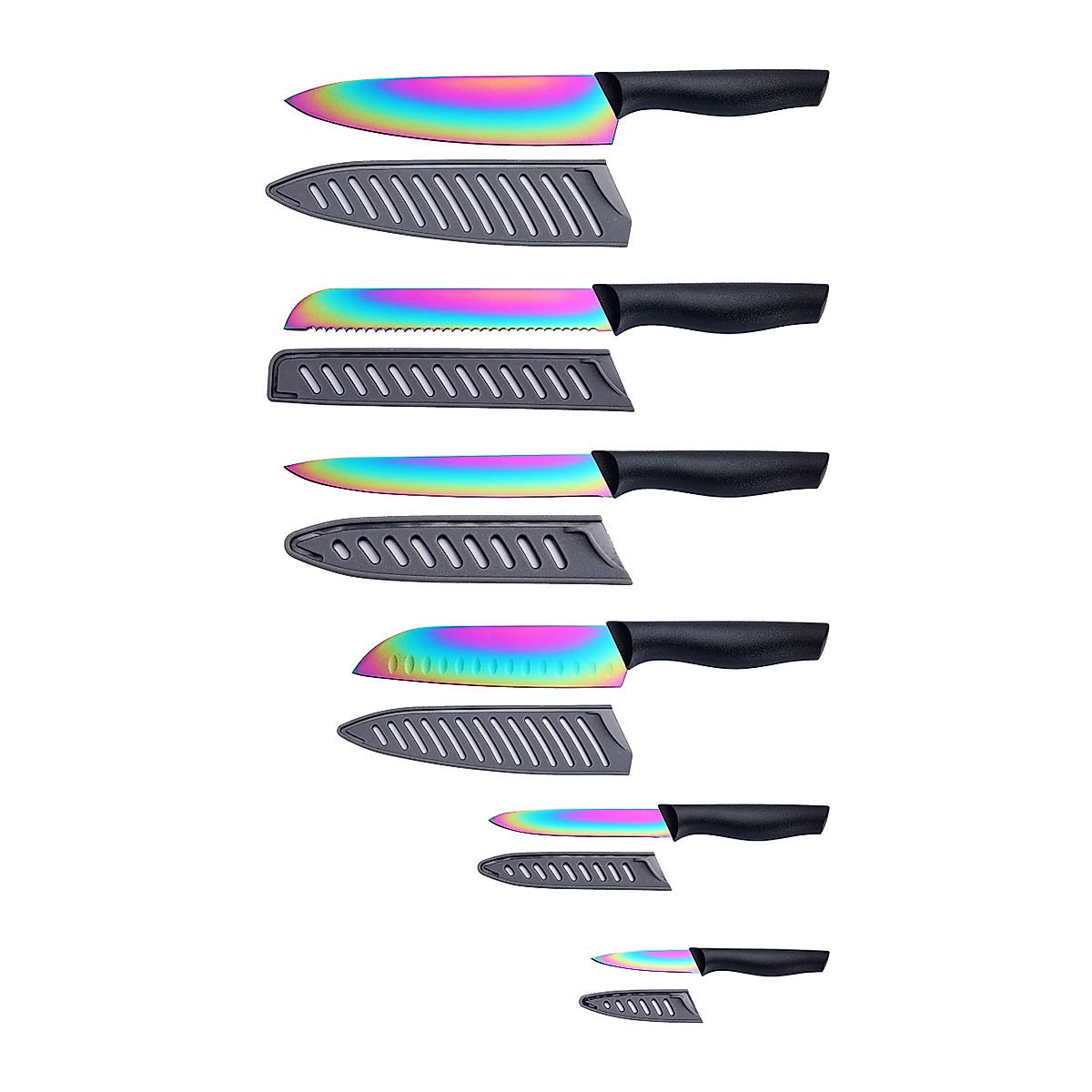 KYA36 Rainbow Titanium 12-Piece Stainless Steel Kitchen Knives Set with Sheath + Marco Almond KYA47 Rainbow Titanium Serrated Stainless Steel Steak Knives Set of 8