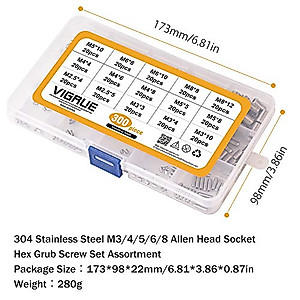 VIGRUE 300Pcs Set Screw Assorted M2.5/M3/M4/M5/M6/M8 Hex Allen Head Socket Grub Screw Assortment Kit with Internal Hex Drive, 304 Stainless Steel (Metric)
