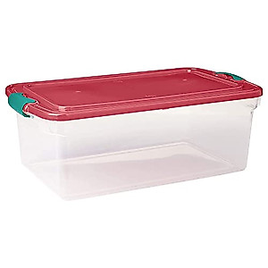 Homz 64 Quart Holiday Seasonal Decor Decoration Organizer Plastic Storage Bin Container with Red Tight Latching Lid and Green Handles, 6 Pack