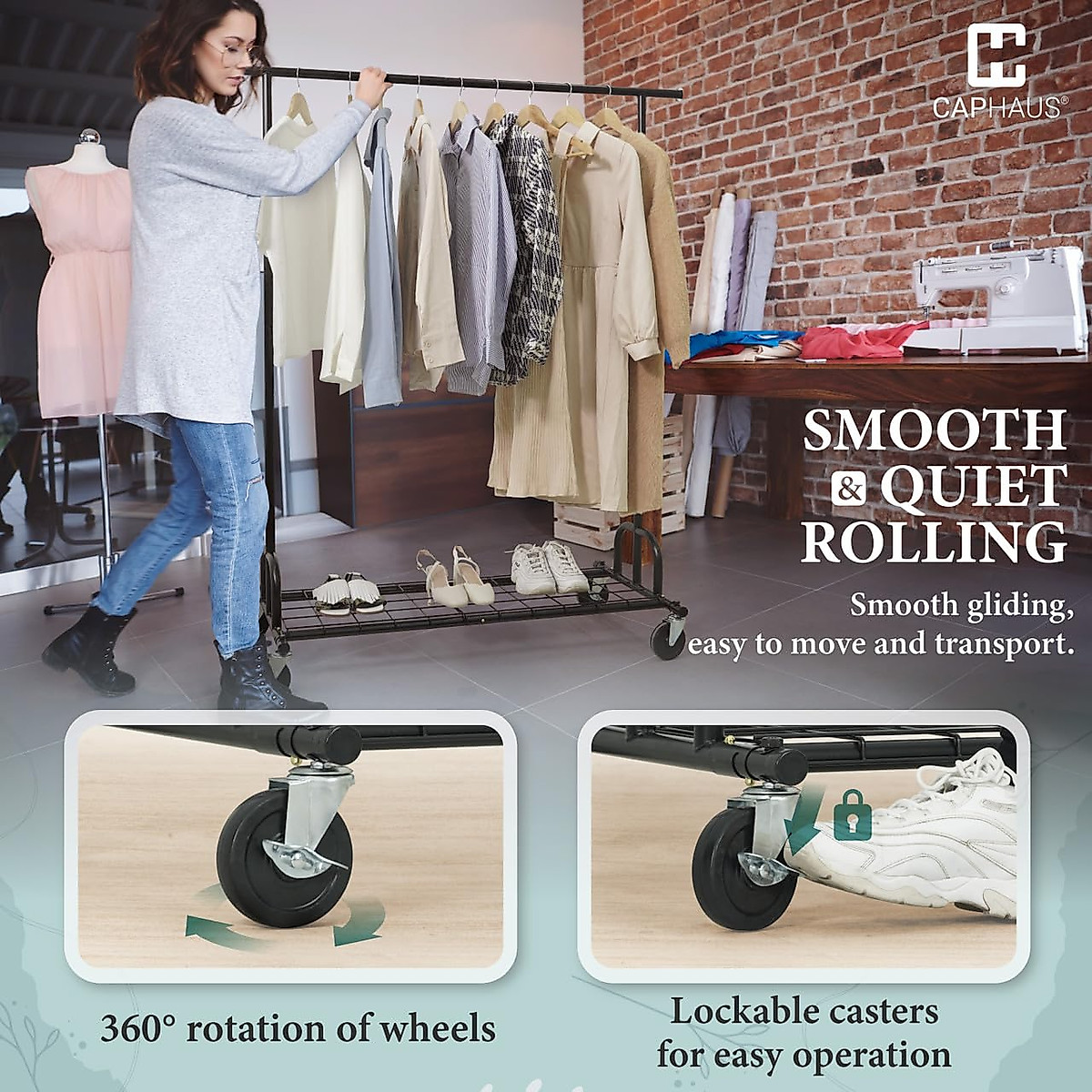 CAPHAUS Heavy Duty Clothes Rack, 440LBS Capacity Rolling Clothing Rack for Hanging Clothes, Adjustable Metal Wardrobe Rack, Portable Garment Rack with Shelf, Wheels, Extendable Rod, Black