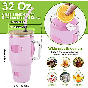 Glass Tumbler Cup with Silicone Sleeve, 32oz Water Bottle Tumbler w/ Bamboo Lid and Straw- Easy to Grip, Leakproof Glass Tumbler Mug Drinking Glass Cups, Dishwasher Safe for Travel Home Coffee (Pink)