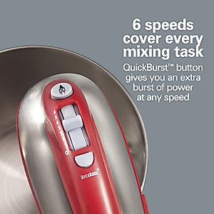 Hamilton Beach Classic Stand and Hand Mixer, 4 Quarts, 6 Speeds with QuickBurst, Bowl Rest, 290 Watts Peak Power, Red (64654)